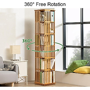 TVDPI Bamboo 360 Rotating Bookshelf, 6 Tier Floor Standing Bookcase Storage Shelves, Removable Divider, for Home Office Living Room Study