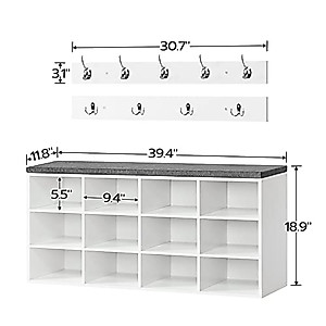 HOOBRO Shoe Storage Bench with Cushion, Entryway Bench, 39.4" Hall Tree, Coat Rack, 12 Cubbies, Holds up to 330 lb, Shoe Rack, Storage Cabinet for Bedroom, Hallway, White and Gray WT112HX01