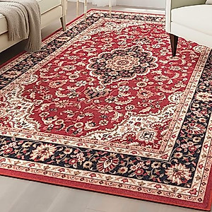 Well Woven Kings Court Gene Red - Non-Slip Rubber Backed Oriental Medallion 5x7 Area Rug - for Living Room & Dining Room - Kid & Pet Friendly, Easy-to-Clean, Machine-Washable, Low Looped Pile