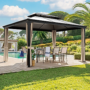 Flamaker Hardtop Gazebo Aluminum Frame Outdoor Gazebo with Privacy Curtains and Gauze Mesh Sunshade Pavilion Double Roof Canopy for Patio, Lawn, Deck, Poolside (Polyurethane Roof, 10' x 13')