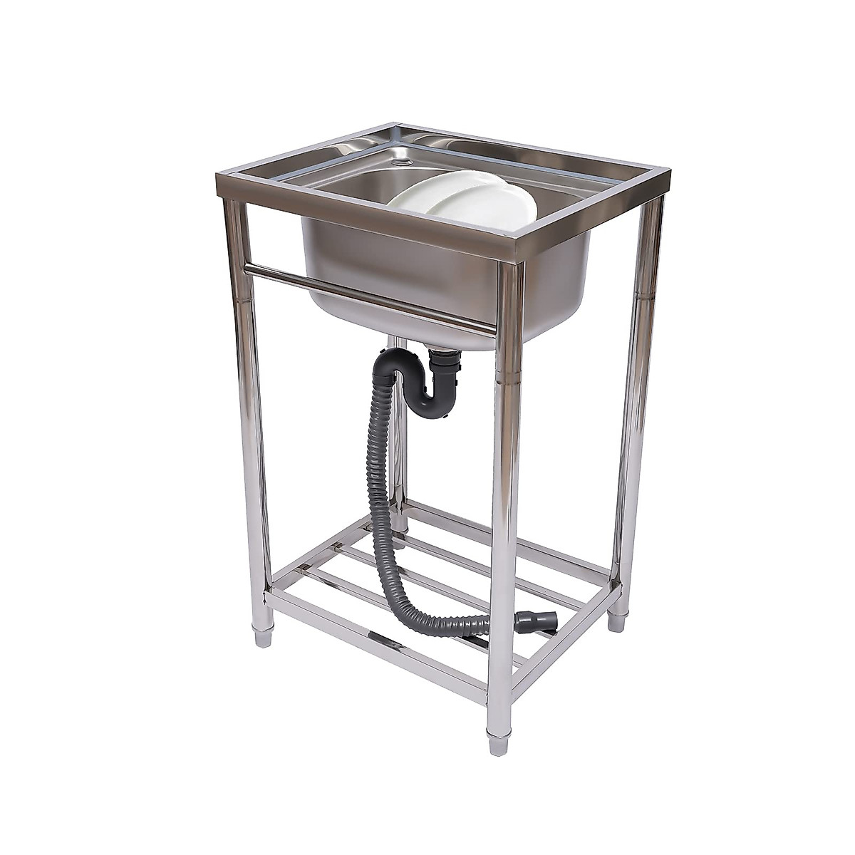 Commercial 304 Stainless Steel Sink 1 Compartment Free Standing Utility Sink Set w/Drainboard for Garage, Restaurant, Kitchen, Laundry Room, Outdoor, 21.65" W x 17.72" D x 33.46" H