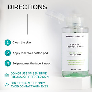 Vitamins and Sea Beauty, Exfoliating Face Toner with Glycolic Acid and Seaweed, Oil Control Facial PH Balancing Dead Skin Pore Minimizer, All Skin Types, 8 Fl Oz