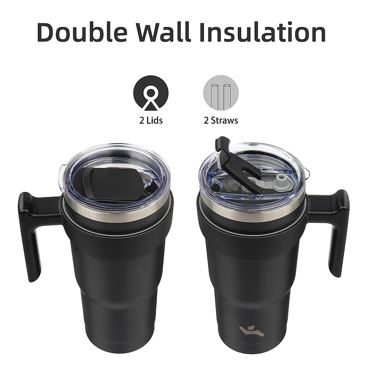 Konokyo 20 oz Tumbler with Handle and 2 Straw 2 Lid, Insulated Water Bottle Stainless Steel Vacuum Cup Reusable Travel Mug,Black