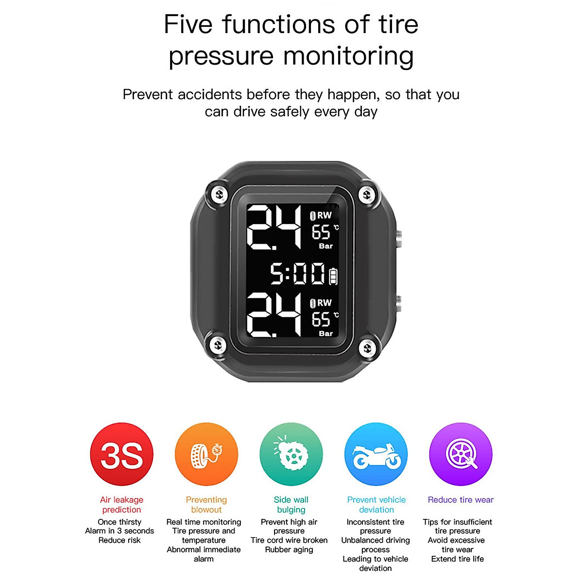 Shkalacar Motorcycle Tire Pressure Monitoring System USB Charging Wireless TPMS for Motorcycle with 2 External Sensors & Digital LCD Display