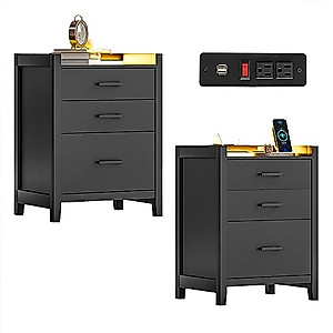 EPHEX Nightstands Set of 2, LED Nightstand with Charging Station, End Side Table with 3 Drawers, Modern Night Stand Bedside Table for Bedroom, Black, NSL03