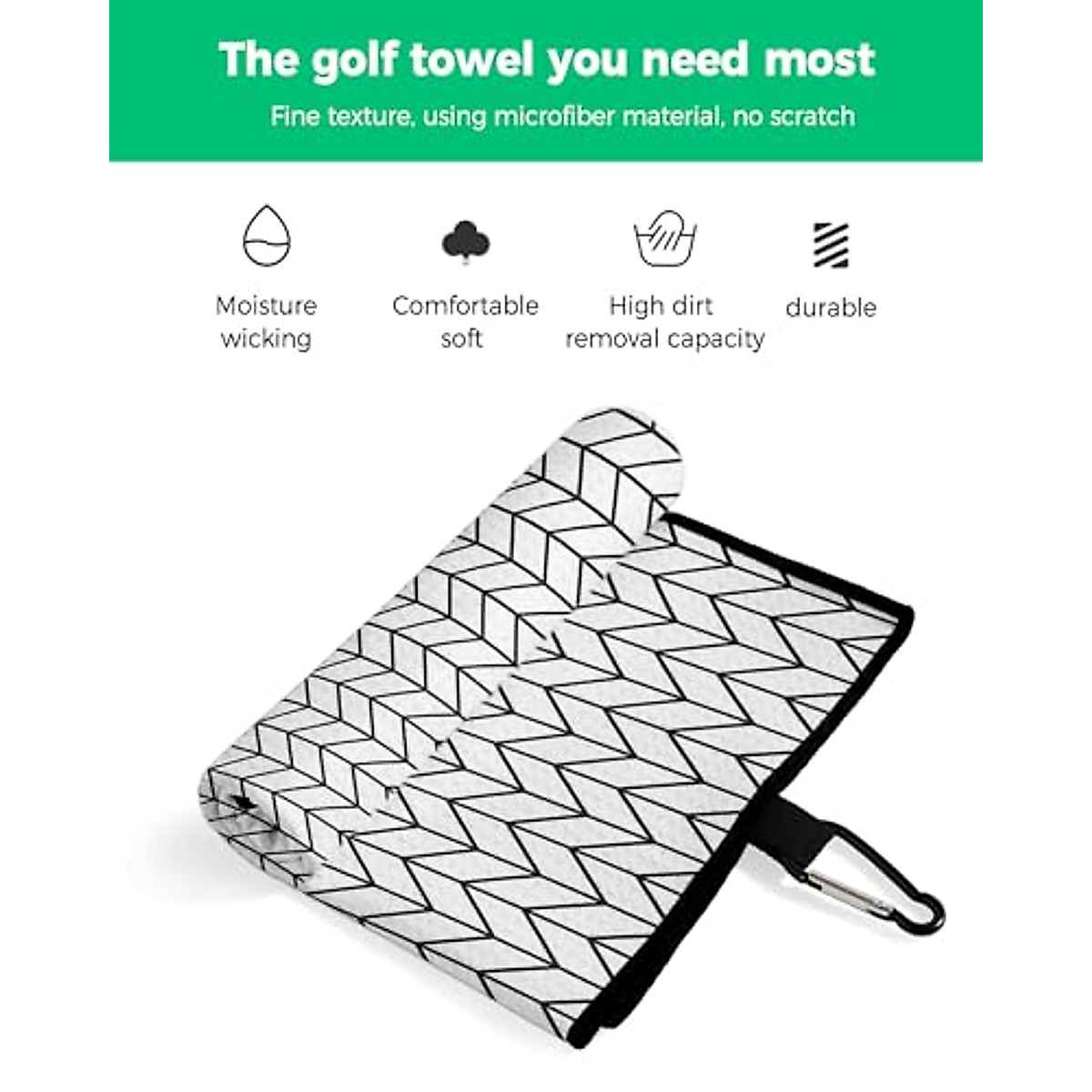 Golf Towel Black Stripe Line Chevron White,Waffle Pattern Microfiber Club Cleaner Golf Towels with Carabiner Clip for Women Men Dad,Minimalist Abstract Geometric Art Golf Towel for Golf Bags,24x16in