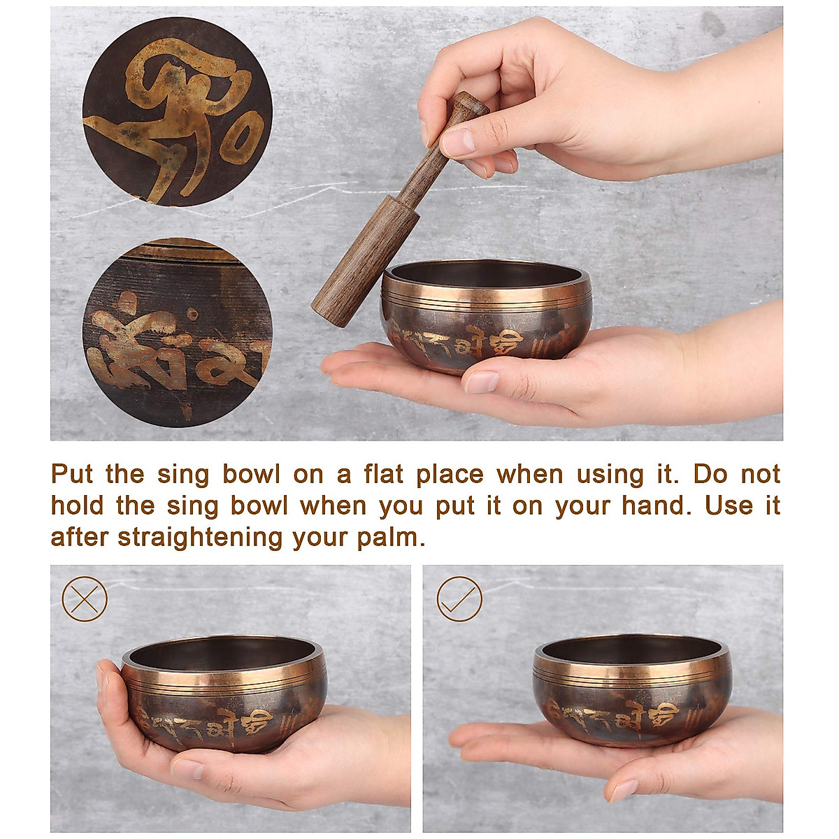 Omigga 3 Pcs 4 inch Tibetan Singing Bowl Set Nepal Antique Bronze Mantra Carving Hand Hammered Handcrafted Singing Bowl for Healing, Peace, Meditation, Stress Relief