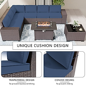 Rwnnad Patio Furniture Set Sofa 7-pcs Wicker Sectional Sofa Set with 55,000 BTU Gas Fireplace Table,Outdoor Furniture Rattan Sets with Tempered Glass Coffee Table
