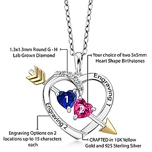 Gem Stone King 925 Silver and 10K Yellow Gold Customized and Personalized Double Heart Shape Gemstone Birthstone and White Lab Grown Diamond Name Engraved Pendant Necklace For Women with 18 Inch Chain