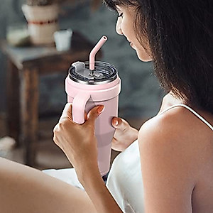 Zukro 40 oz Tumbler With Handle, Sip and Straw Lid, Leakproof No Sweat Insulated Stainless Steel Cup Keeps Drinks Cold 24 Hours, Travel Mug Fit in Cup Holder, Dishwasher Safe, BPA Free - Pink