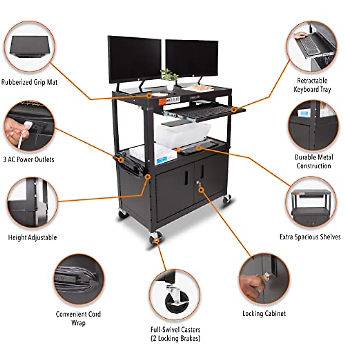 Line Leader Large AV Cart with Locking Cabinet | Height Adjustable Utility Cart | Includes Pullout Keyboard Tray & Cord Management | Easy Assembly (32in x 18in x 42in / Black)