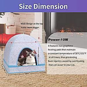 NOCAESON Cat Bed for Indoor Cats, Cat House Year Round with Heating Pad and Fluffy Ball Hanging, Foldable Heated Cat House for Joint-Relief and Hidewawy, 16x16x14 inches, Grey