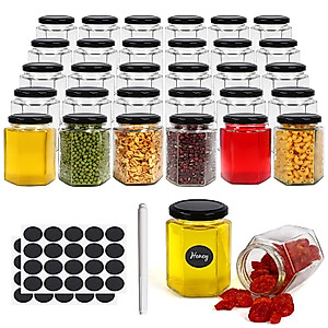 Betrome 6oz Glass Jars with Black Lids, 30 Pack 180ml Clear Hexagon Glass Canning Jars Honey Jars Spice Jars Mason Jars for Jams, Shower Favors, Wedding Favors, Craft, 1 Pen and Labels Included