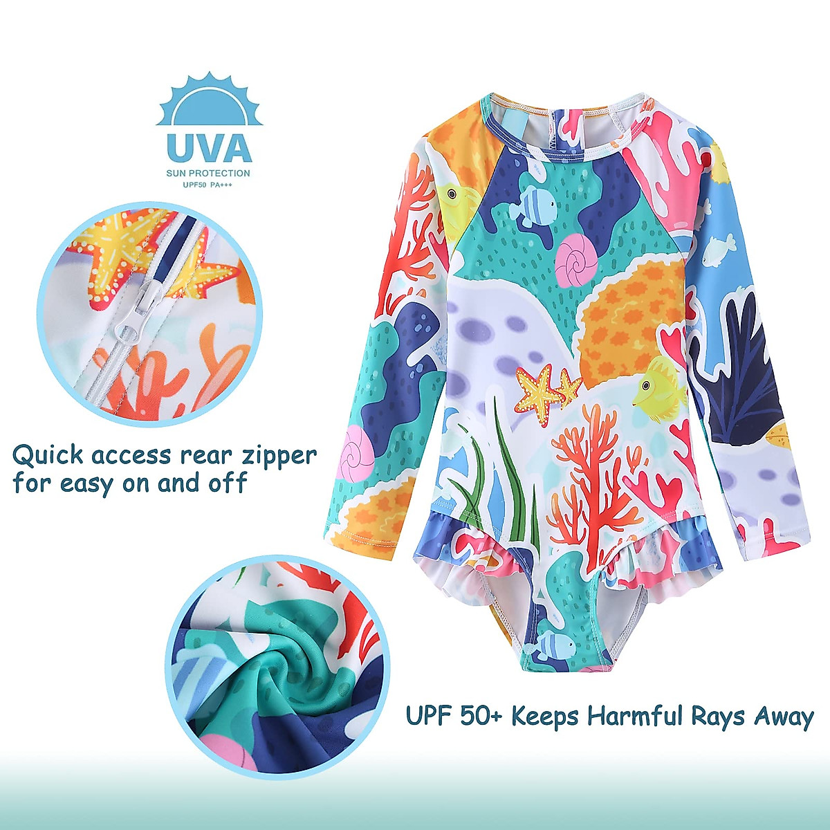 Baby Girls One Piece Swimsuits Long Sleeve Rash Guard Swimshirts Kids Sun Protection Bathing Suits 24 Months Ocean Reefs