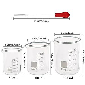 SUPERLELE Glass Graduated Cylinder Set 10ml 25ml 50ml 100ml, Thick Glass Beaker Set 50ml 100ml 250ml with 2 Droppers
