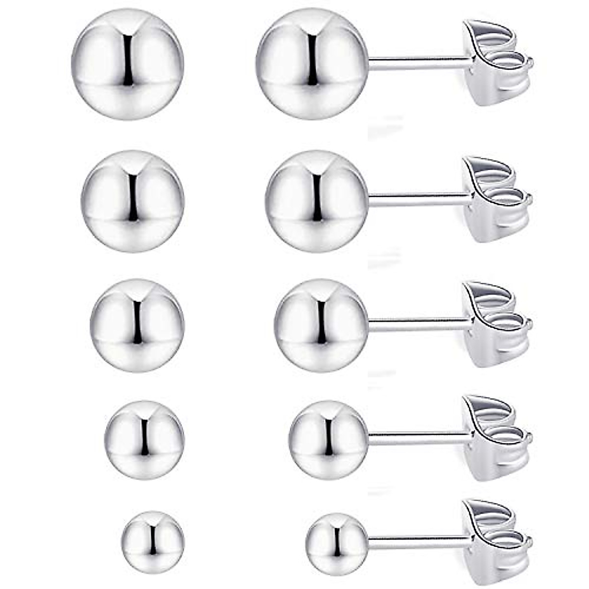 MDFUN 6 Pairs Surgical Stainless Steel Round Ball Stud Earrings Set for Women Men 3-7mm