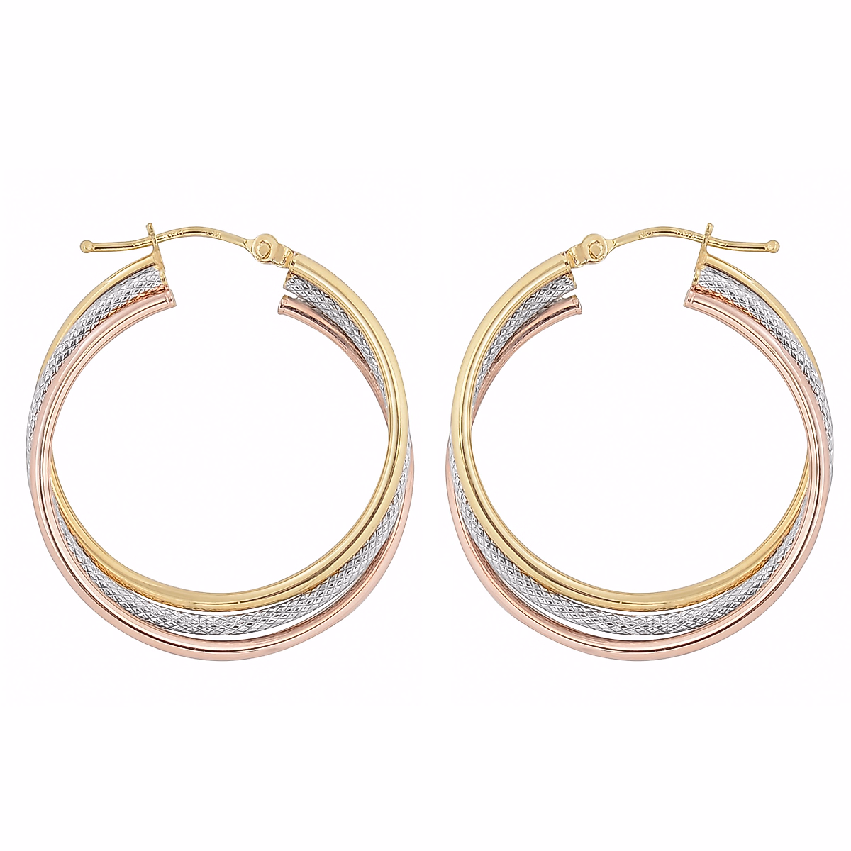 Kooljewelry 10k Tri-color Gold High Polish Textured Overlapping Triple Hoop Earrings