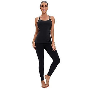 MATHACINO Yoga Tank Tops for Women with Built in Bra Workout Tops Yoga Shirts Athletic Camisole Longline Sports Bra Tanks Black
