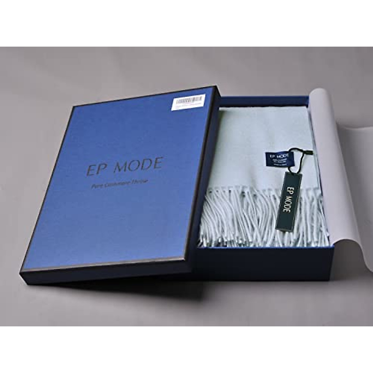 EP Mode 100% Pure Cashmere Throw Blanket for Sofa, Classic Design with Gift Box (Baby Blue)