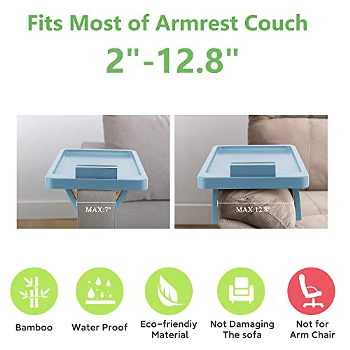 SINWANT Sofa Arm Clip on Tray Table,Bamboo Couch Table for Wide Side Table, Armrest with 360° Phone Holder,Portable TV Table,Sofa Eating and Drink Blue