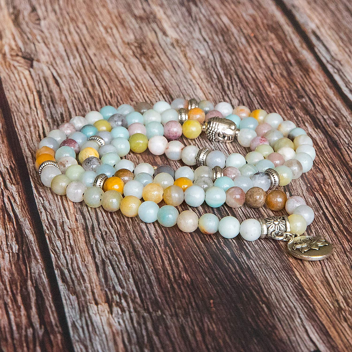 Bivei 108 Mala Beads Necklace Beaded Wrap Bracelets Genuine Gemstone Mala Prayer Beads Lotus Charm Yoga Meditation Necklace - -Amazonite