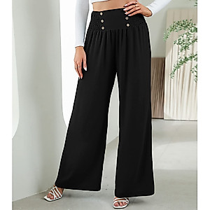 Pissente Women Wide Leg Trousers Shirred High Elastic Waist Button Decoration Casual Pants for Work Dating(XL-Black)