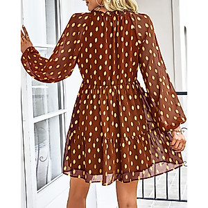 KIRUNDO Women's 2024 Fall Long Sleeve Gold Polka Dot Cute Babydoll Dress Casual V Neck Loose Tiered Flowy Mini Dress(Caremel, Medium)