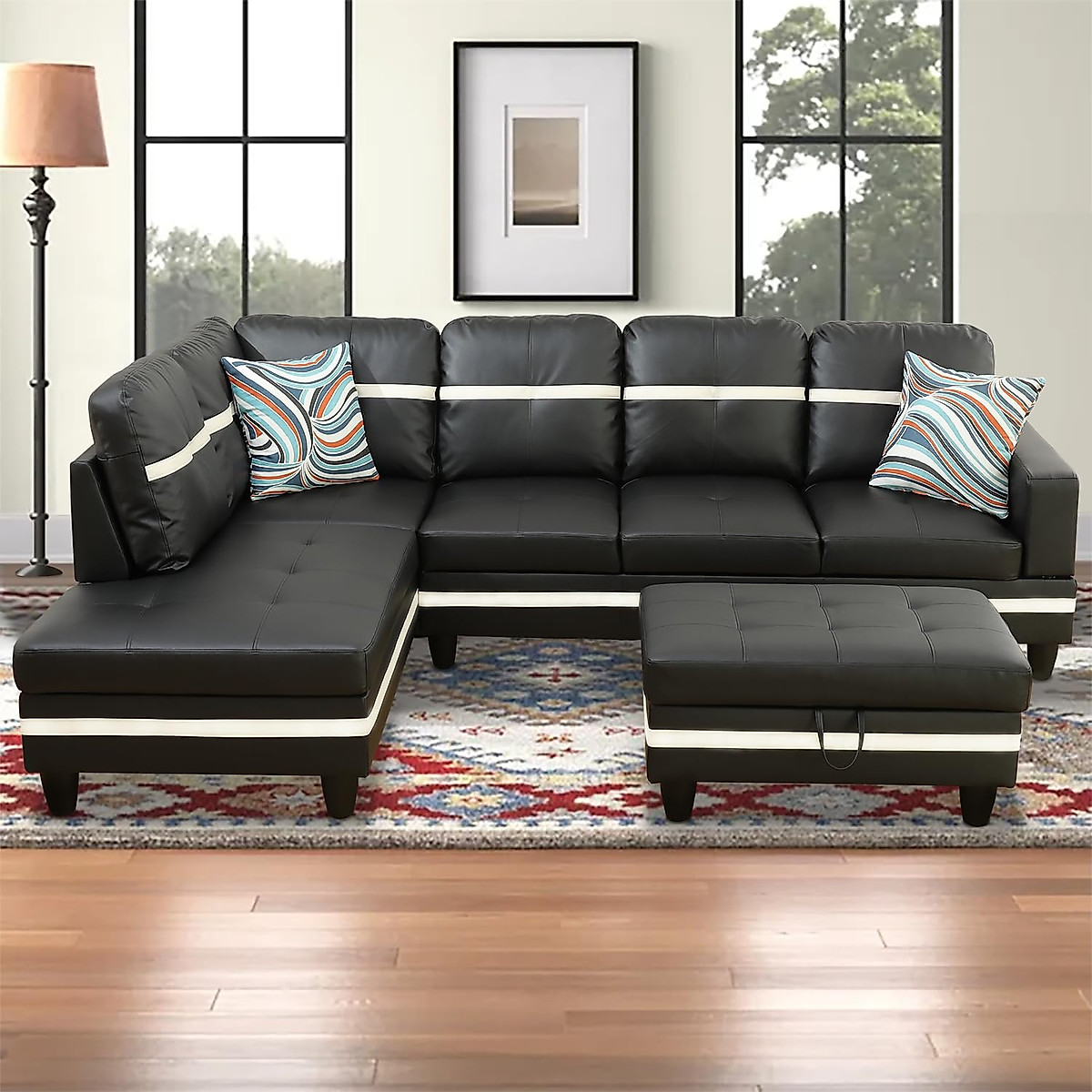 Caberryne Sectional Couch for Living Room Furniture Set Black,Sectional Sofa Set L Shape Sofa and Chaise with Storage Ottoman for Living Room/Apartment（Black,Facing Left Chaise）