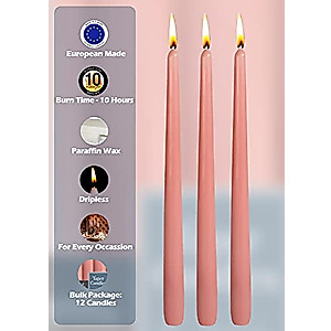 12 Pack Tall Taper Candles - 12 Inch Rose Pink Dripless, Unscented Dinner Candle - Paraffin Wax with Cotton Wicks - 10 Hour Burn Time