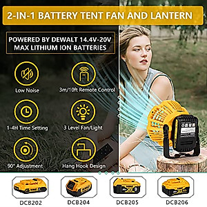 Hiesuan Compatible with Dewalt Fan 20v Portable Camping Tent Fan with Lantern, Remote, 4H Timer, Hook Cordless Ceiling Fan Personal Fan for Dewalt 14.4-20V Li-Ion Battery