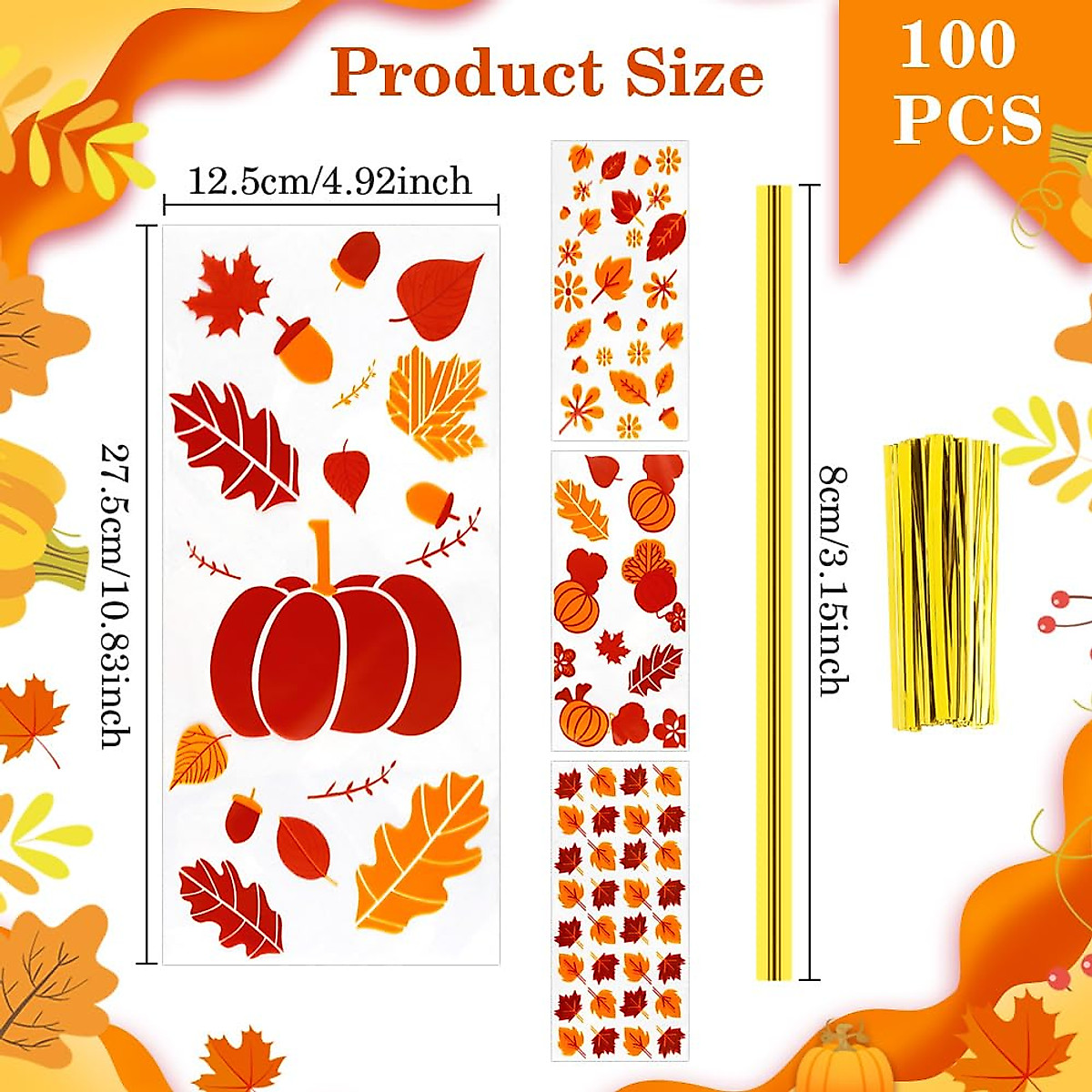 BOEIAC Thanksgiving Treat Bags,100 Pcs Thanksgiving Fall Cellophane Treat Bags, Plastic Autumn Maple Leaves Pumpkin Candy Goodie Bags with Twist Ties for Thanksgiving Fall Theme Party Favor