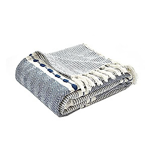 Lush Decor Herringbone Stripe Yarn Dyed Cotton Woven Tassel Blanket, 60" x 50", Navy