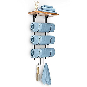 Towel Racks for Bathroom, Towel Holder for Bathroom Wall, Holder Storage with Wooden Shelf and 3 Hooks for Large Small Towels,Yoga Mat Foam Roller