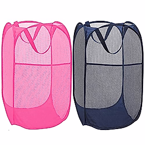 2 Pack Deluxe Strong Mesh Pop up Laundry Hamper Basket with Side Pocket for Laundry Room, Bathroom, Kids Room, College Dorm or Travel
