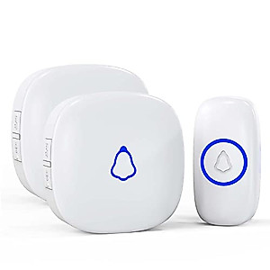 SECRUI Wireless Doorbell, Mini Door Bell with 58 Chimes 5 Volume Levels, 1 Waterproof Button 2 Plug in Receiver, White Doorbell with Led Blue light for Home/Classroom/Office
