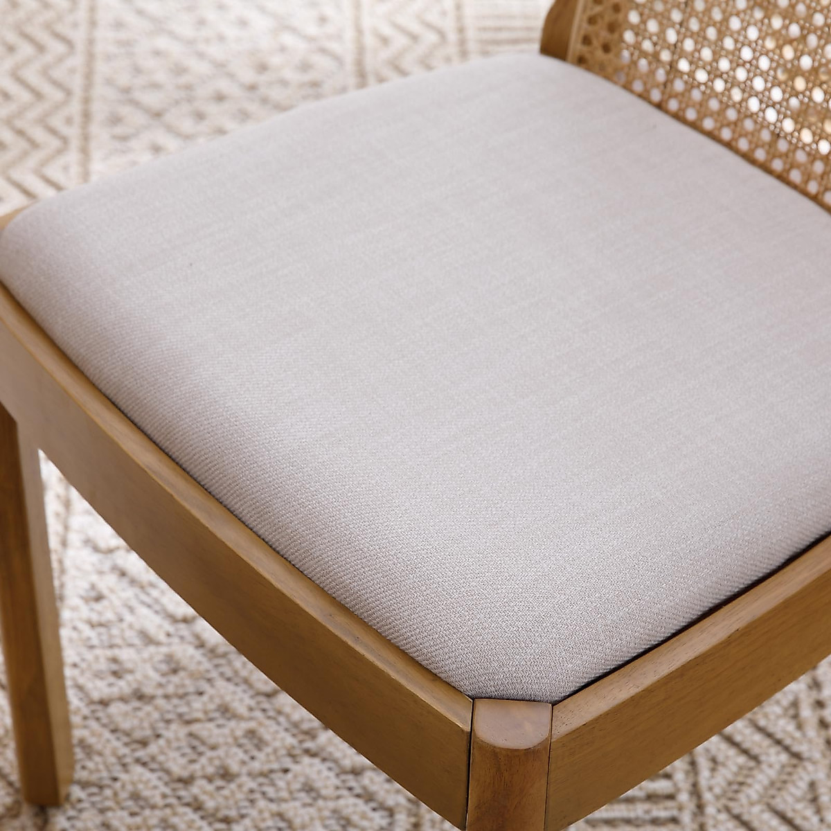 Ya-Home Mid Century Dining Chairs Set of 2, Accent Rattan Linen Fabric Side Chairs Kitchen Chair with Solid Wooden Legs for Living Room Dining Room, Beige