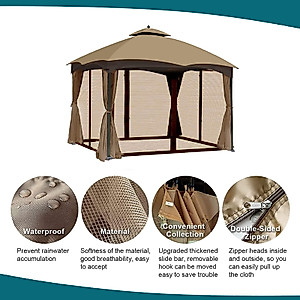 Gazebo Universal Replacement Mosquito Netting - Wonwon Outdoor Gazebo Canopy 4-Panel Screen Walls with Zipper for 10' x 12' Gazebo (Mosquito Net Only) (Brown)