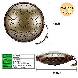 Steel Tongue Drum,Premium 14 Inch 15 Notes D Minor Hand Steel Drum,Adult's Steel Drum instrument,Clean Clear Ethereal Sounds,Oil Brown