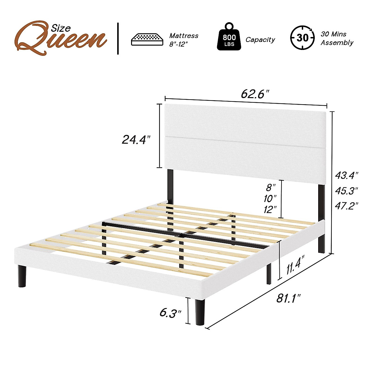 HOWE Queen Size Bed Frame, Upholstered Platform Bed with Adjustable Headboard, Sturdy Bedframe Linen Fabric/Easy Assembly/No Box Spring Needed/Noise-Free/Cream