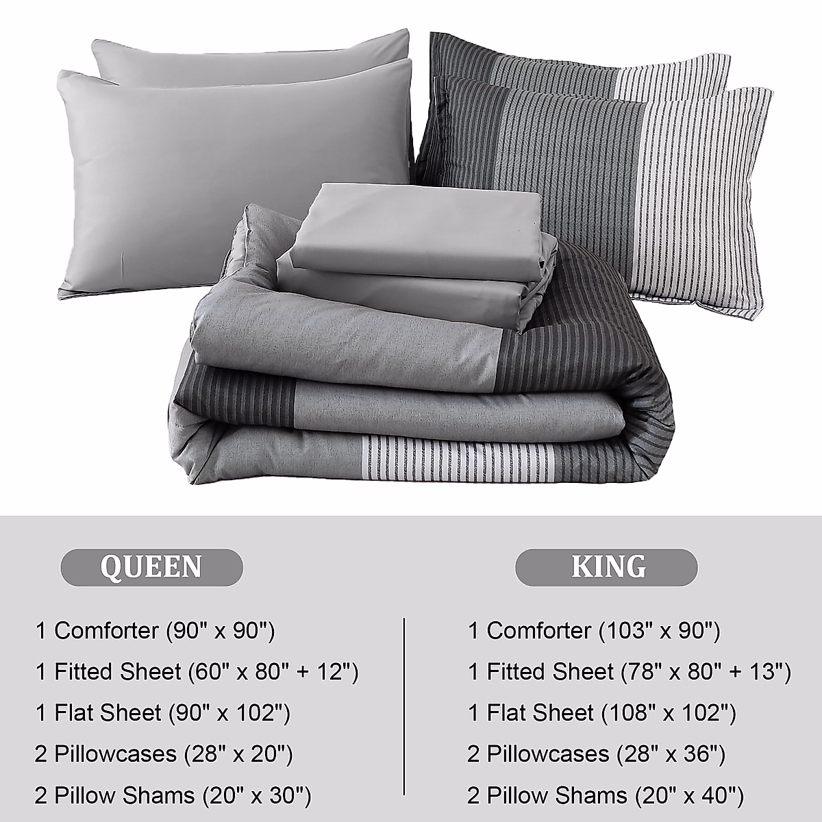 Grey Queen Comforter Set 7 Pieces, Ombre Striped Bed in a Bag Queen with Sheet Sheet, All Season Boho Patchwork Down Alternative Comforter Bedding Set