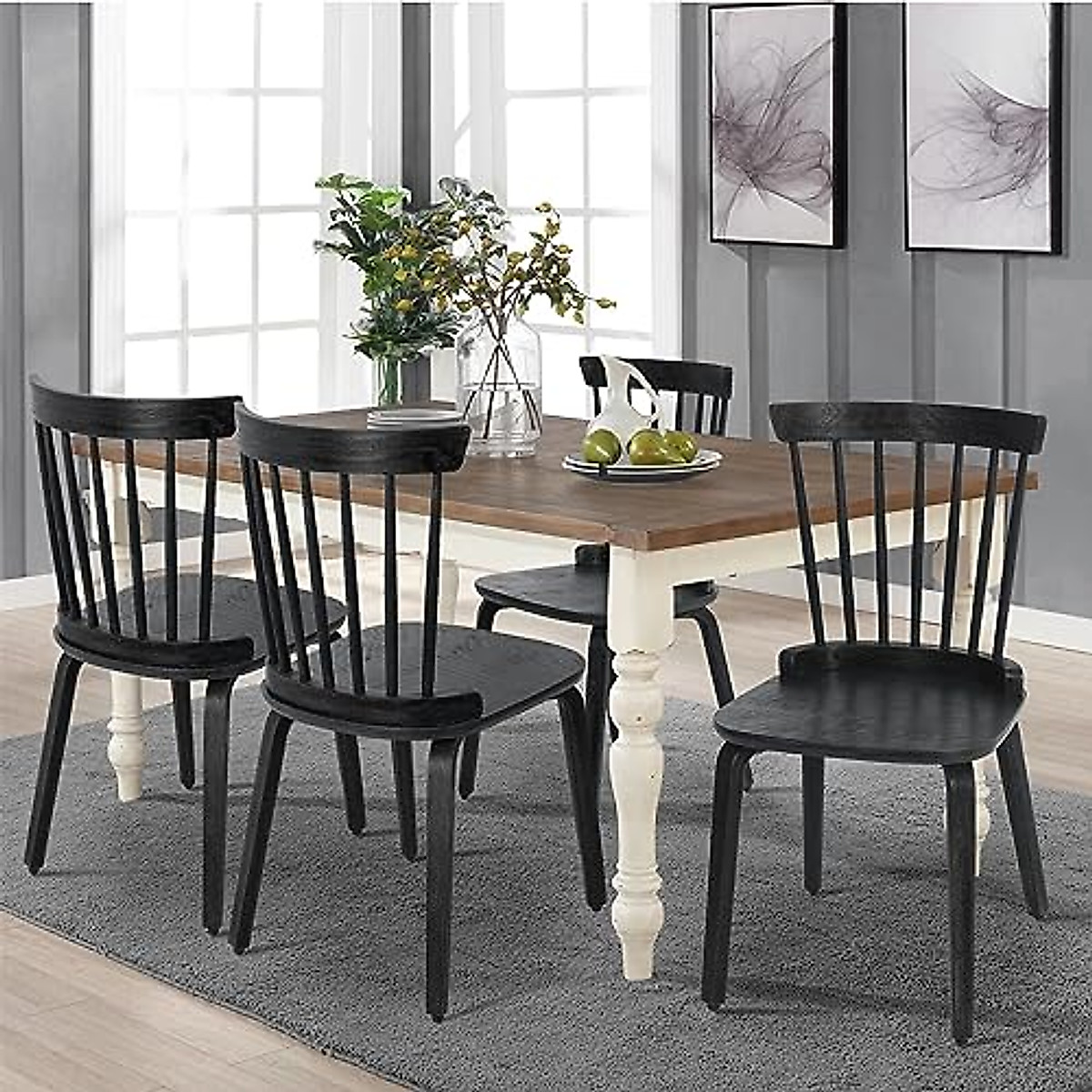 Bekrvio Black Dining Chairs Set of 4 Windsor Chairs with Bentwood Legs, Farmhouse Spindle Back Dining Chair, Vintage Mid-Century Country Style, Solid Wood Armless Kitchen Side Chairs for Living Room
