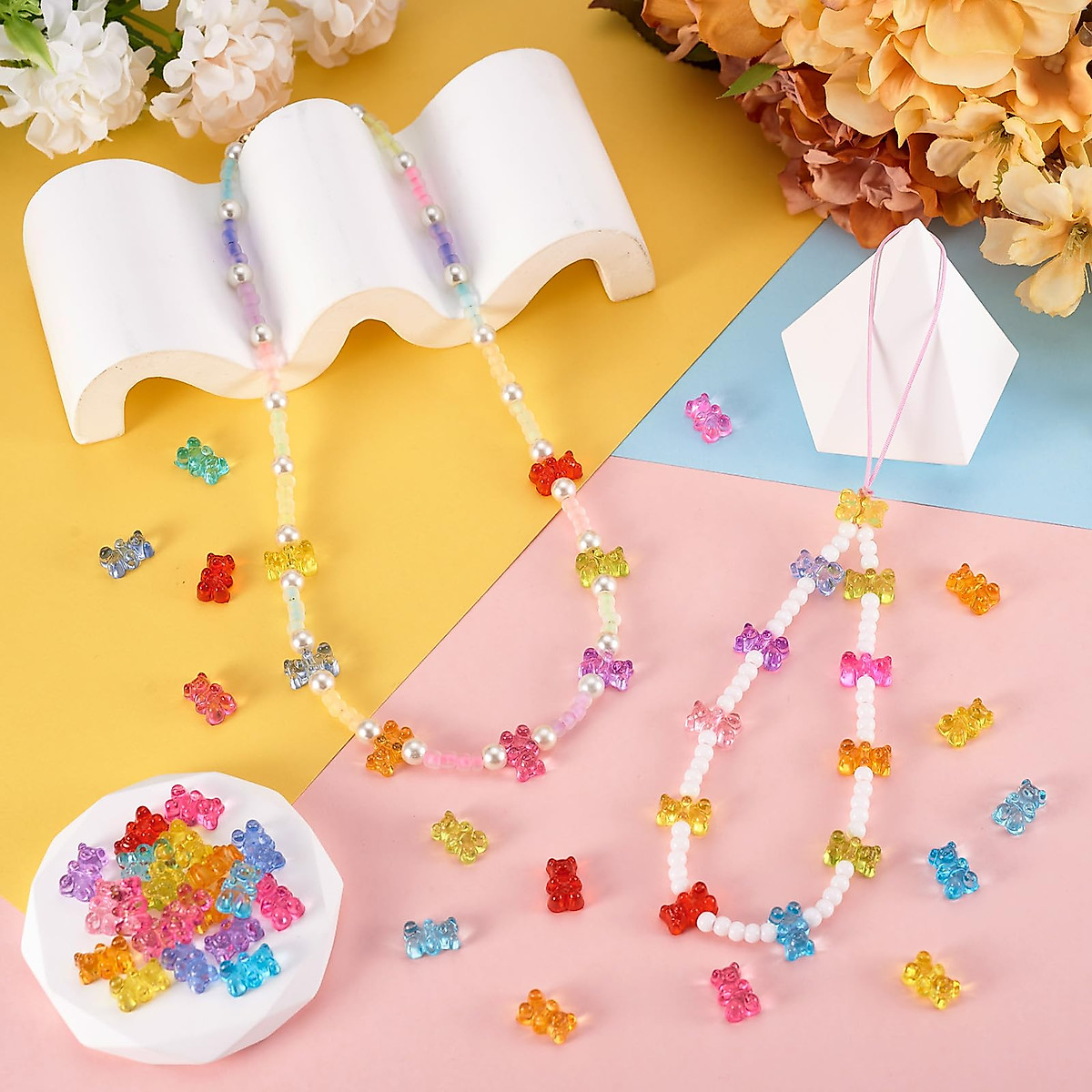 FASHEWELRY 200pcs Clear Acrylic Bear Beads Mixed Color Transparent Gummy Bear Spacer Beads Mini Cute Bear Loose Beads Bulk for Bracelet Necklace Earring Jewelry Making