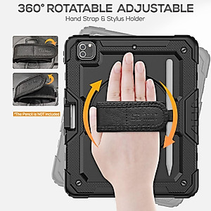 SEYMAC Case for iPad Pro 12.9 Case 2022/2021/ 2020/2018, Heavy Duty Protection Shockproof Case with Screen Protector, 360° Rotating Stand/Handle/Shoulder Strap, Supports Pencil 2 Charging, Black