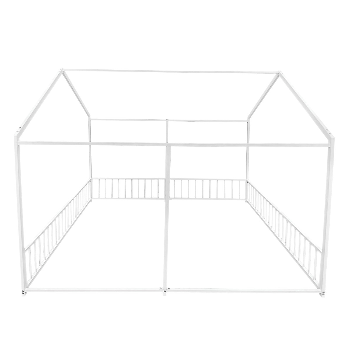 PVWIIK Double Montessori Floor Bed with Fence & Roof for Two Kids Teens Boys Girls,Twin Floor Bed,Easy Assemble,No Box Spring Needed, White