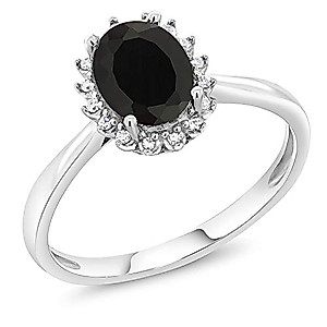 Gem Stone King 10K White Gold Black Onyx and Diamond Halo Engagement Ring For Women (1.65 Cttw, Oval 8X6MM, Size 9)