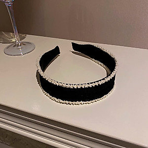 Wiwpar Wide Beaded Headband Simple Beads Headpiece Beaded Hair Hoop Elastic Hair Band Black for Women and Girls