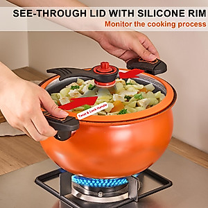 FNT 8 Qt Orange Stock Pot with See-through Lid Standing, Crock Pot with Twist & Lock Handles, Micro Pressure Cooker 8 qt, Healthy Coating Cooking Pot for Gas, Induction, Electric Stoves