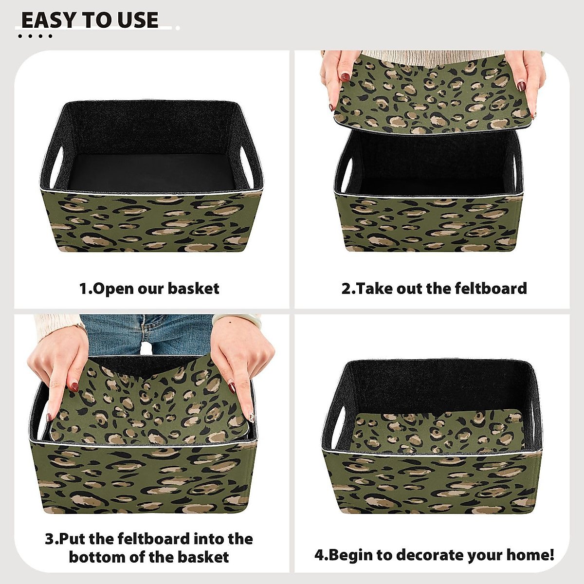 Kigai Hunter Green Leopard Storage Basket for Shelves, Foldable Open Storage Bins with Double Handle, Set of 2 Rectangular Felt Storage Organizer Boxes for Office Desk Home