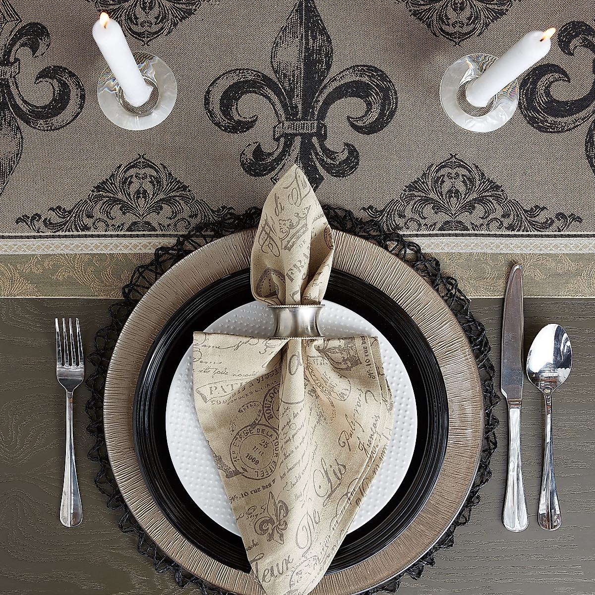 DII French Style Tabletop Kitchen Collection, Reversible Table Runner, 14x108, Fleur de Lis Stripe