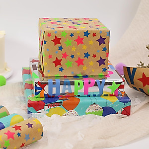 BIOBROWN Kraft Birthday Wrapping Paper - 17 Inch X 10 Feet (4 Rolls: 56.6 sq. ft. ttl.) Cupcake & Star Design Perfect for Party, Holiday, Baby Shower